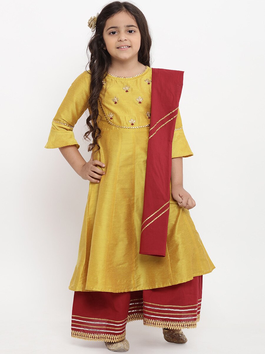 Girls Yellow & Maroon Yoke Design Kurta